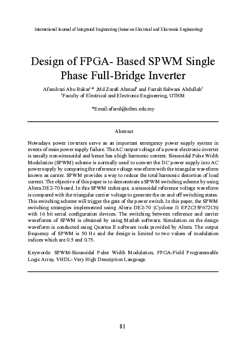 (PDF) Design of FPGA-Based SPWM Single Phase Full-Bridge Inverter ... (PDF) Design of FPGA-Based SPWM Single Phase Full-Bridge Inverter ...