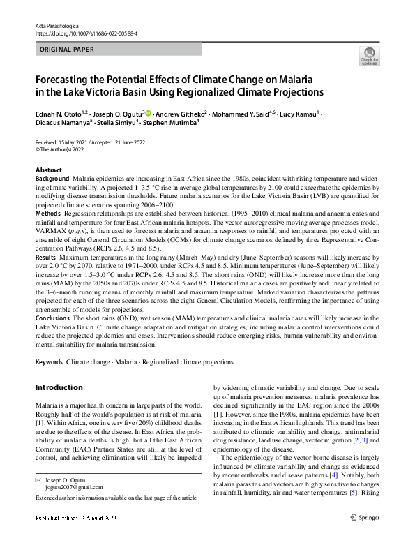 (PDF) Forecasting the Potential Effects of Climate Change on Malaria in the Lake Victoria Basin ...