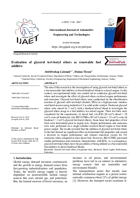 (PDF) Evaluation of glycerol tert-butyl ethers as renewable fuel additive