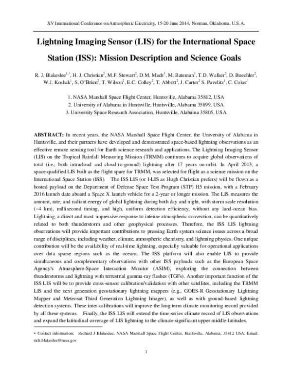 (PDF) Lightning Imaging Sensor (LIS) for the International Space Station