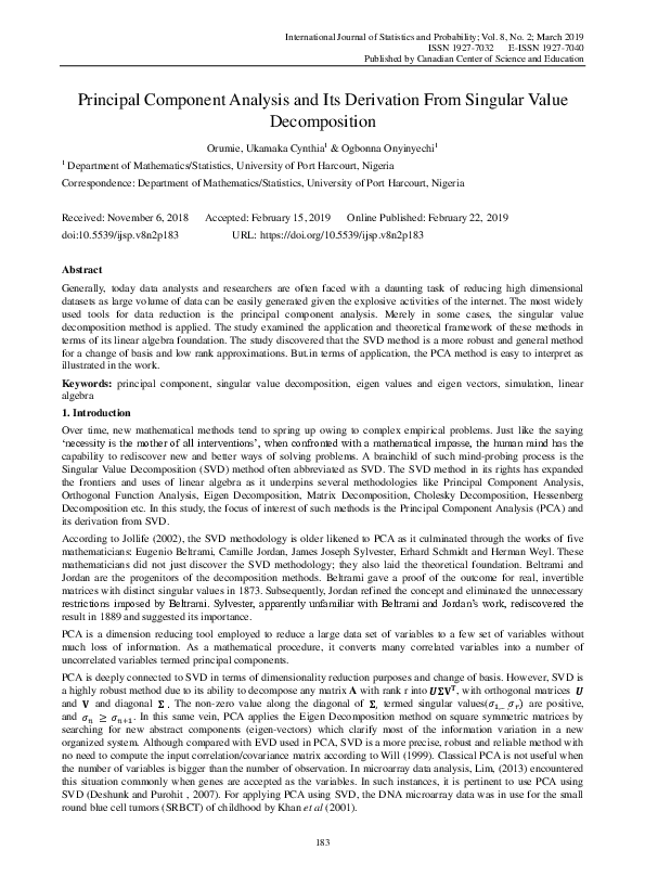 (PDF) Principal Component Analysis and Its Derivation From Singular Value Decomposition