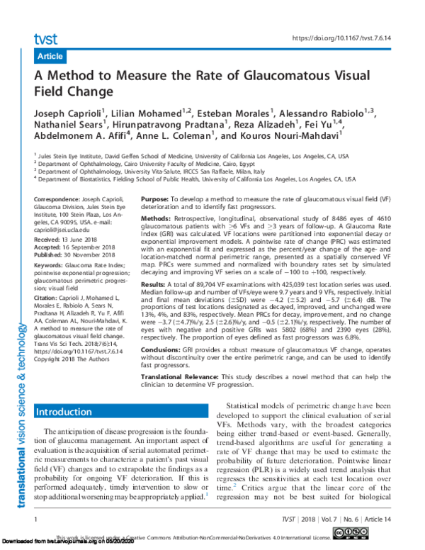 (PDF) A Method to Measure the Rate of Glaucomatous Visual Field Change