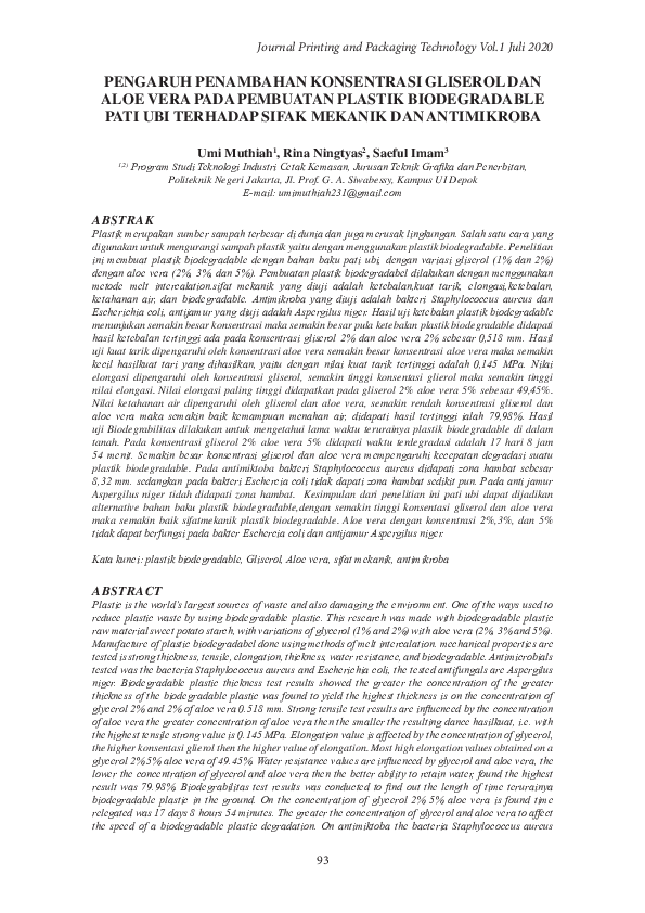 (PDF) Pengaruh Penambahan Konsentrasi Gliserol dan Aloe Vera Pada Pembuatan Plastik ...