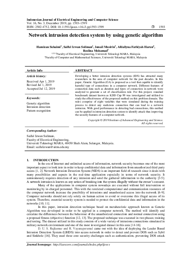 (PDF) Network intrusion detection system by using genetic algorithm