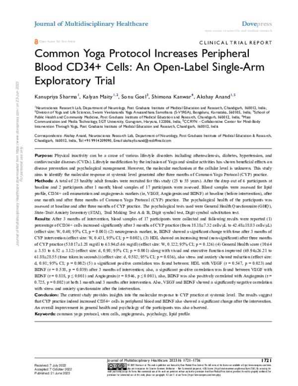 (PDF) Common Yoga Protocol Increases Peripheral Blood CD34+ Cells: An ...