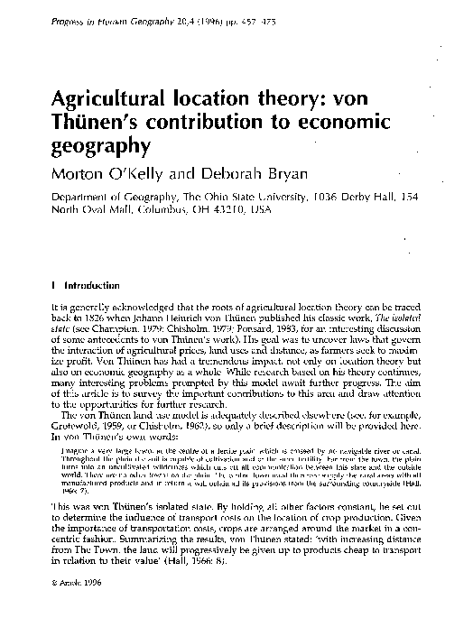 (PDF) Agricultural location theory: von Thunen's contribution to ...
