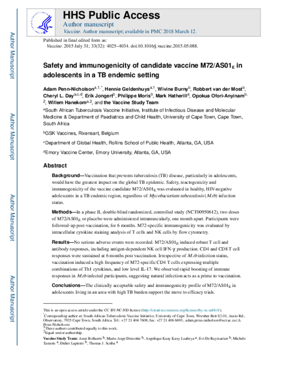 (PDF) Safety and immunogenicity of candidate vaccine M72/AS01E in ...