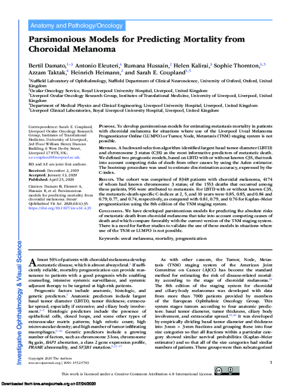 (PDF) Parsimonious Models for Predicting Mortality from Choroidal Melanoma