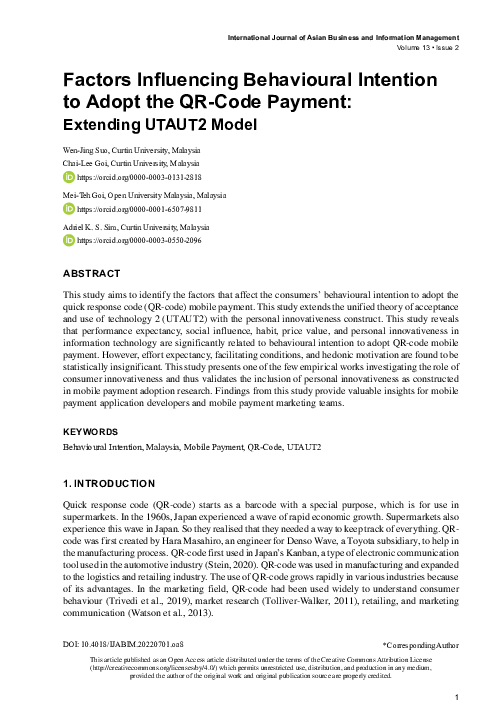 (PDF) Factors Influencing Behavioural Intention to Adopt the QR-Code Payment