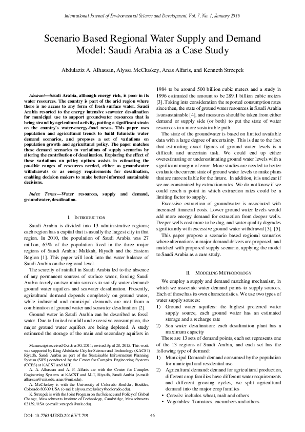 (PDF) Scenario Based Regional Water Supply and Demand Model: Saudi Arabia as a Case Study