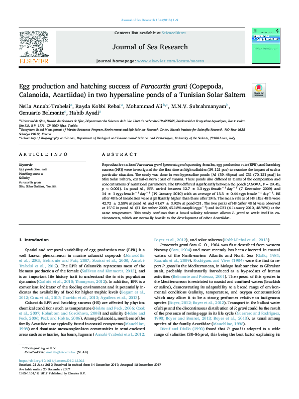 (PDF) Egg production and hatching success of Paracartia grani (Copepoda ...