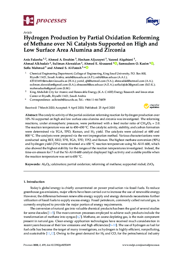 (PDF) Hydrogen Production by Partial Oxidation Reforming of Methane ...