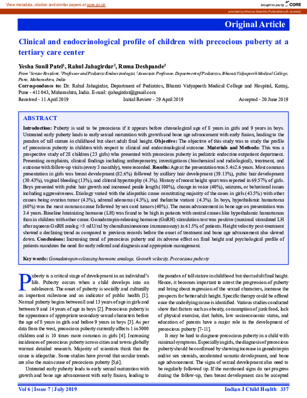 (PDF) Clinical and Endocrinological Profile of Children with Precocious ...