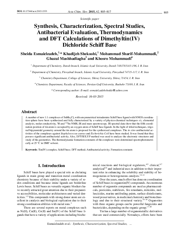 (PDF) Synthesis, Characterization, Spectral Studies, Antibacterial Evaluation, Thermodynamics ...