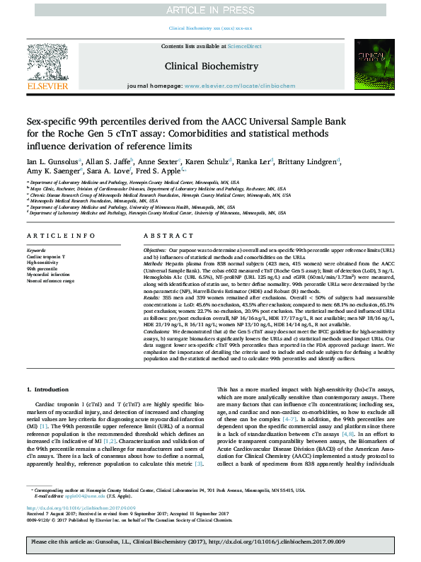 (PDF) Sex-specific 99th percentiles derived from the AACC Universal ...