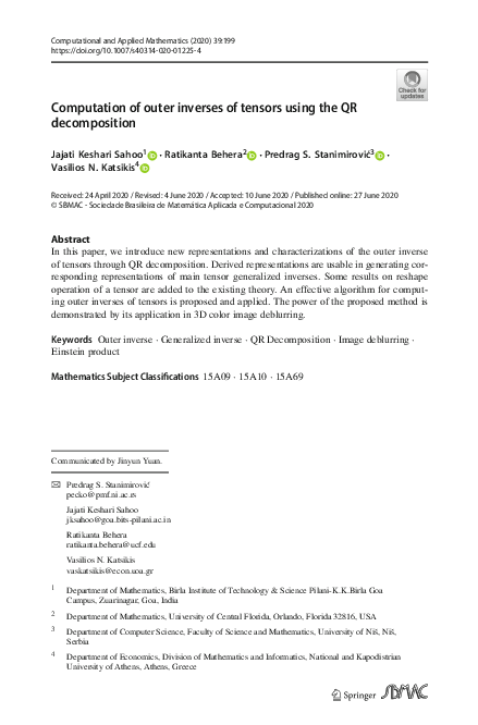 (PDF) Computation of outer inverses of tensors using the QR decomposition | Predrag Stanimirovic ...