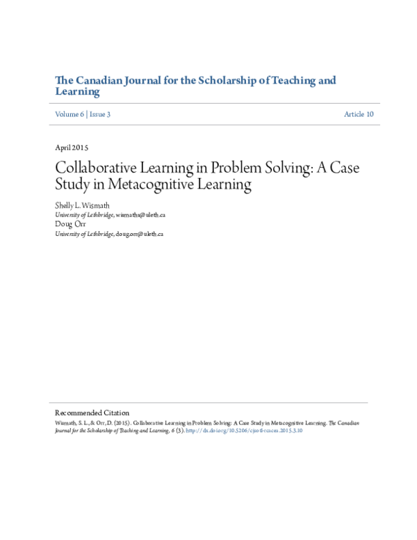 (PDF) Collaborative Learning in Problem Solving: A Case Study in Metacognitive Learning