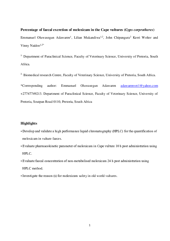 (PDF) Percentage of faecal excretion of meloxicam in the Cape vultures ...