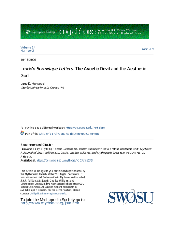 (PDF) Lewis's Screwtape Letters : The Ascetic Devil and the Aesthetic God