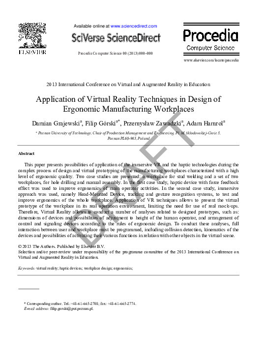 (PDF) Application of Virtual Reality Techniques in Design of Ergonomic Manufacturing Workplaces