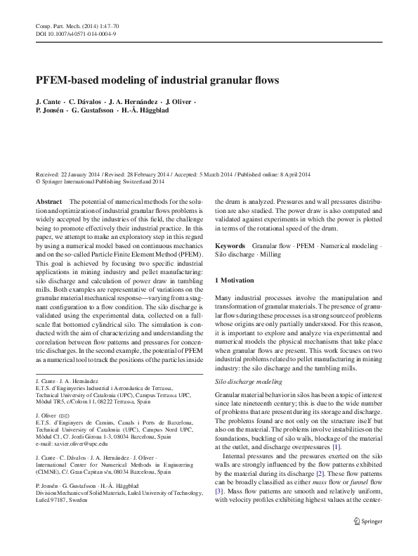 (PDF) PFEM-based modeling of industrial granular flows | Juan Alvarado Hernandez - Academia.edu