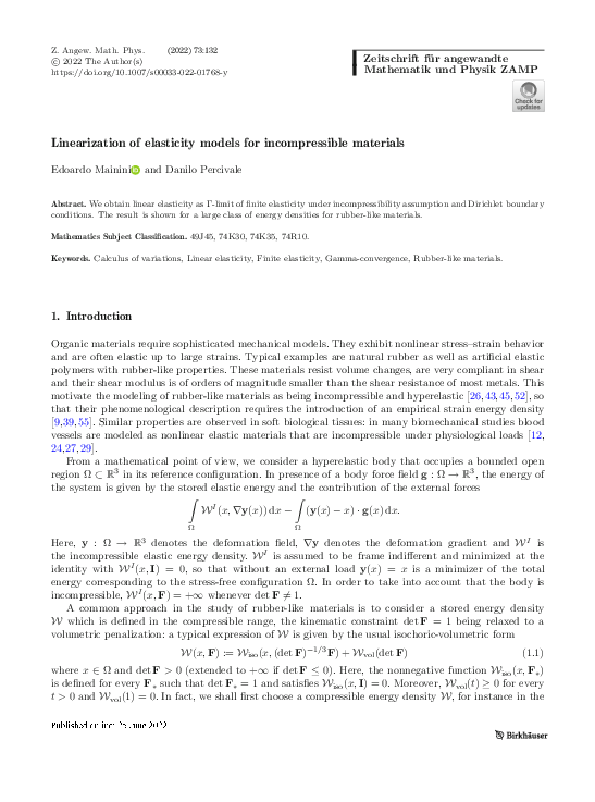 (PDF) Linearization of elasticity models for incompressible materials
