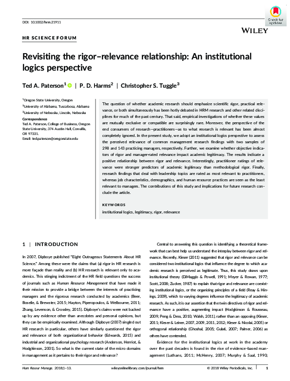 (PDF) Revisiting the rigor-relevance relationship: An institutional ...
