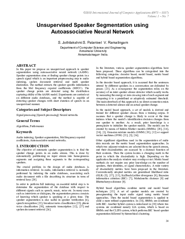 (PDF) Unsupervised Speaker Segmentation using Autoassociative Neural Network