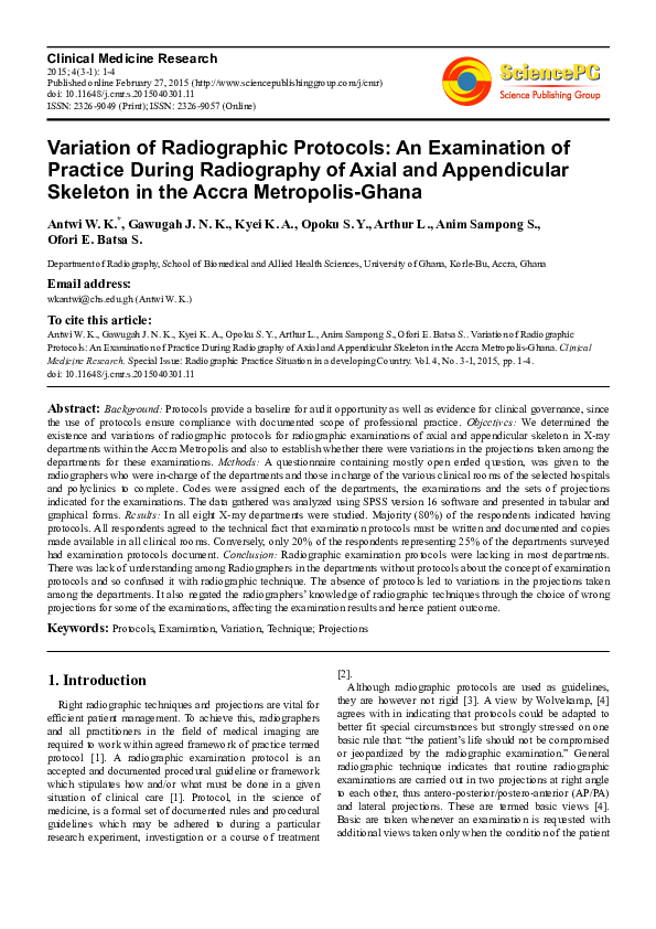 (PDF) Variation of Radiographic Protocols: An Examination of Practice During Radiography of ...