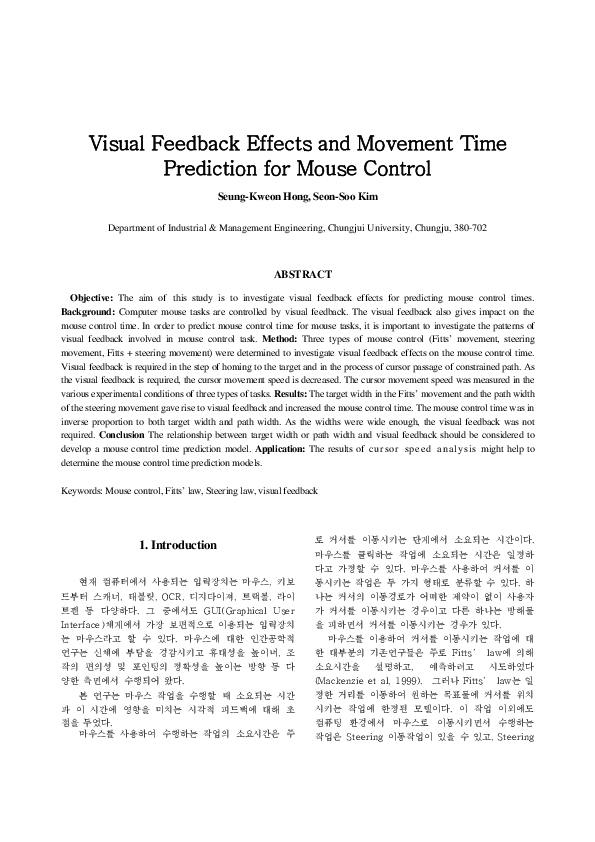 (PDF) Visual Feedback Effects and Movement Time Prediction for Mouse Control | Seung-Kweon Hong ...
