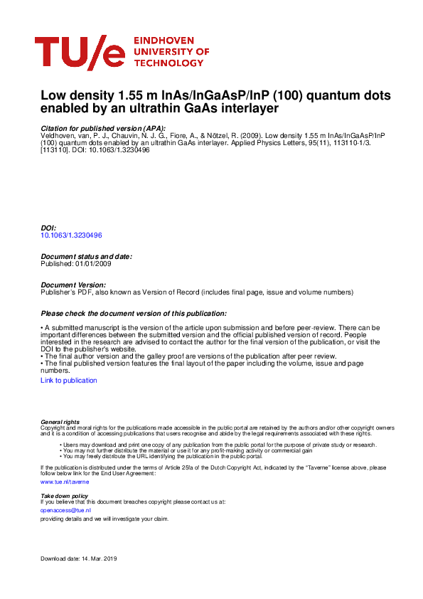 (PDF) Low density 1.55 μm InAs/InGaAsP/InP (100) quantum dots enabled ...