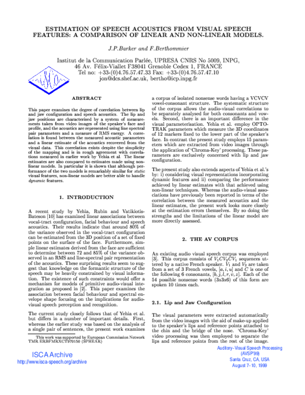 (PDF) Estimation of speech acoustics from visual speech features: a comparison of linear and non ...