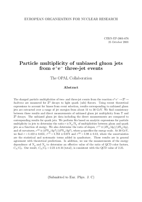 (PDF) Particle multiplicity of unbiased gluon jets from e+e− three-jet ...
