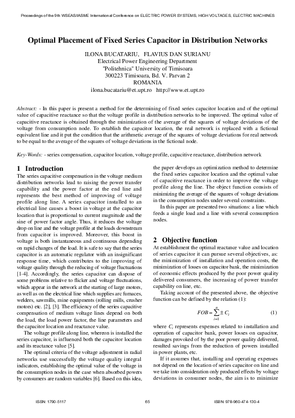 Pdf Optimal Placement Of Fixed Series Capacitor In Distribution Networks