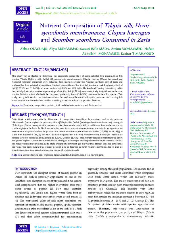 (PDF) Nutrient composition of Tilapia zilli, Hemisynodontis membranacea ...