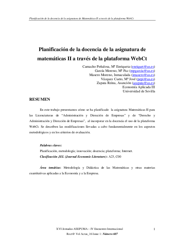 (PDF) Planificación de la docencia de la asignatura de matemáticas II a través de la plataforma ...
