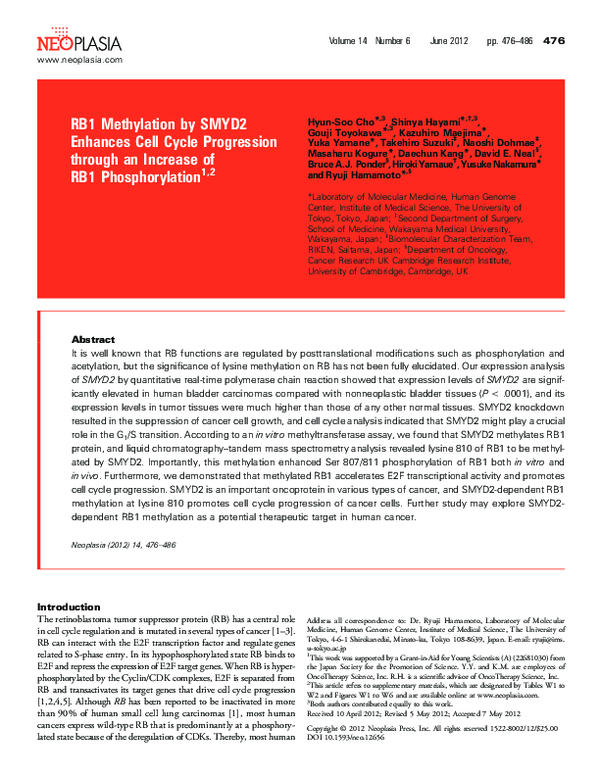 (PDF) RB1 Methylation by SMYD2 Enhances Cell Cycle Progression through ...