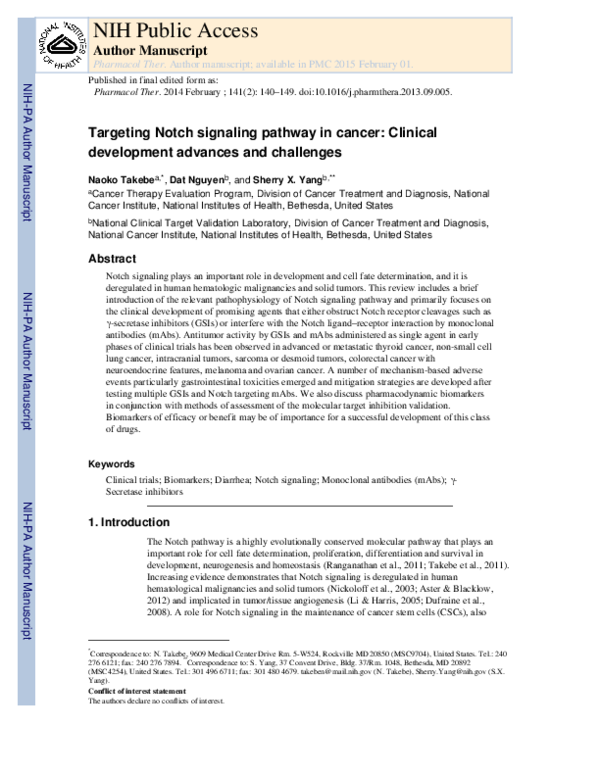 (PDF) Targeting Notch signaling pathway in cancer: Clinical development advances and challenges