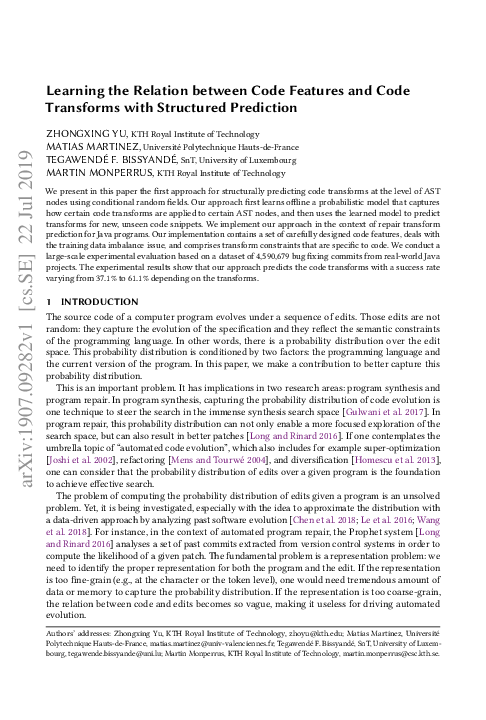 (PDF) Learning the Relation Between Code Features and Code Transforms With Structured Prediction