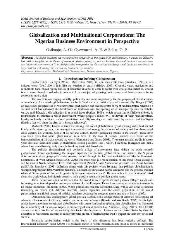 (PDF) Globalization and Multinational Corporations: The Nigerian Business Environment in Perspective