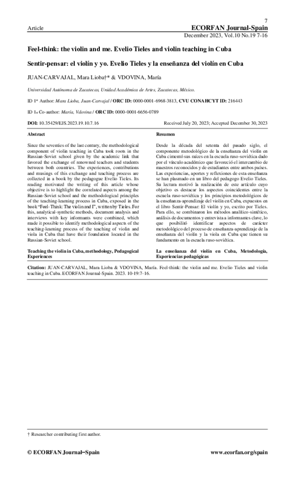 (PDF) Feel-think: the violin and me. Evelio Tieles and violin teaching ...