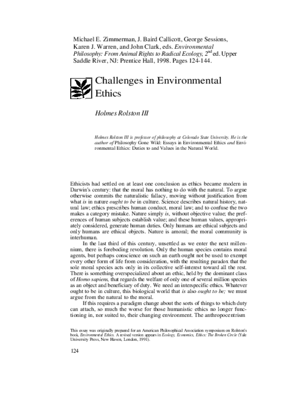 (PDF) Challenges in environmental ethics