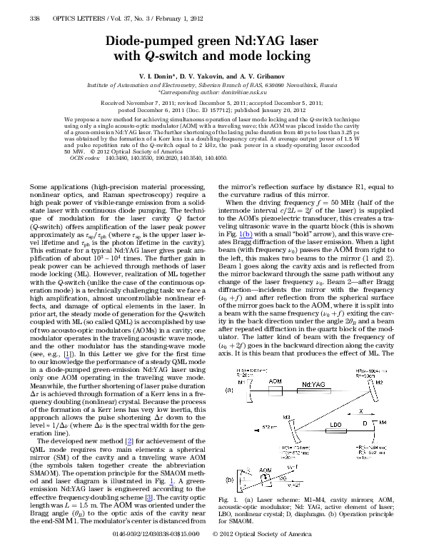 (PDF) Diode-pumped green Nd:YAG laser with Q-switch and mode locking