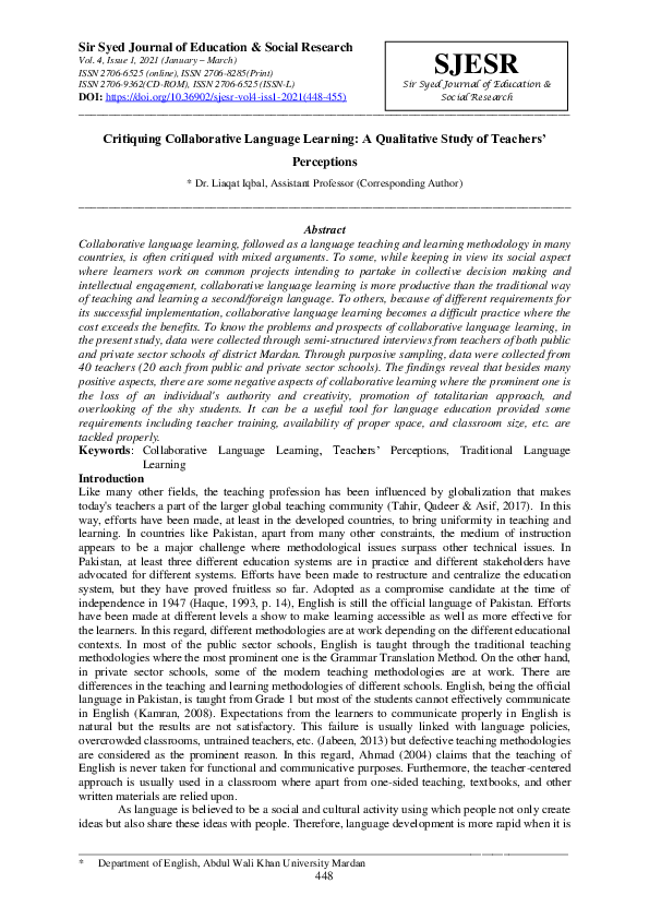 (PDF) Critiquing Collaborative Language Learning: A Qualitative Study of Teachers’ Perceptions