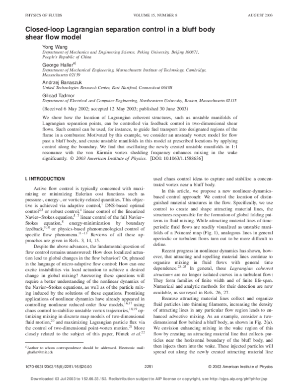 (PDF) Closed-loop Lagrangian separation control in a bluff body shear flow model