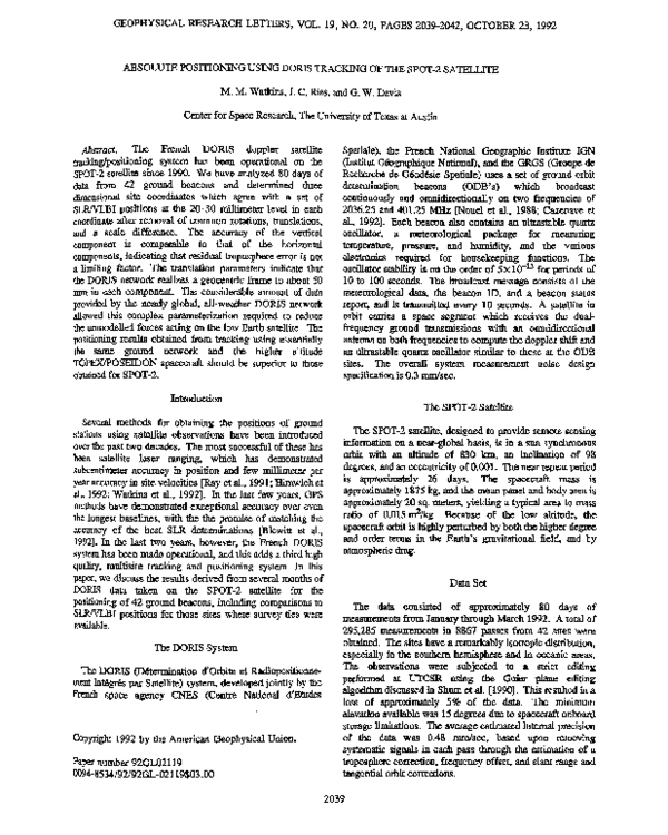 (PDF) Absolute positioning using Doris tracking of the SPOT-2 satellite | John Ries - Academia.edu