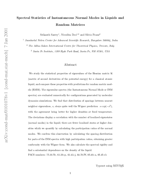 (PDF) Spectral Statistics of Instantaneous Normal Modes in Liquids and Random Matrices