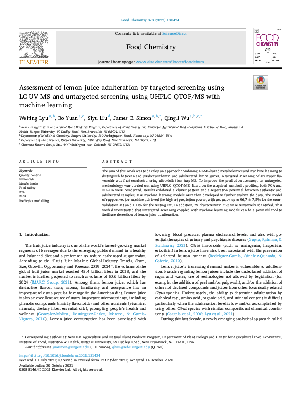 (PDF) Assessment of lemon juice adulteration by targeted screening using LC-UV-MS and untargeted ...