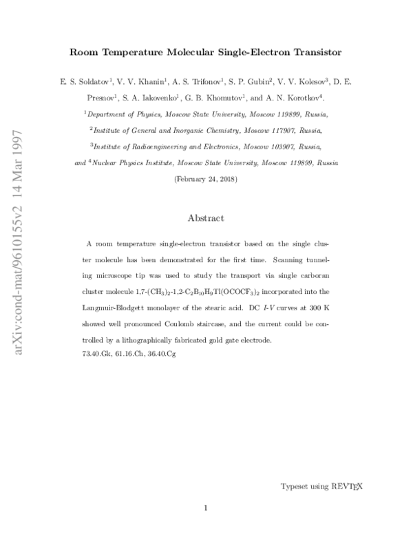 (PDF) Room temperature molecular single-electron transistor