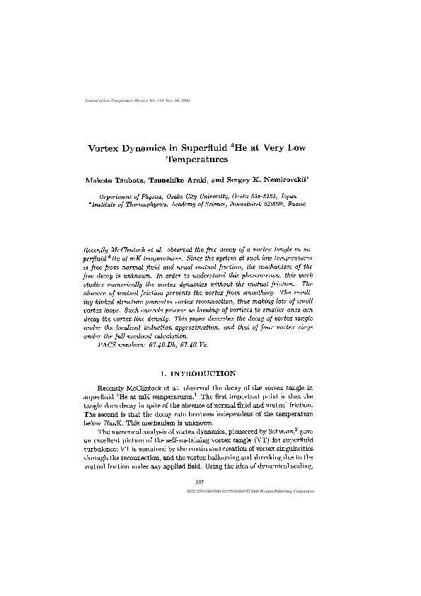 (PDF) Vortex Dynamics in Superfluid 4He at Very Low Temperatures | Sergey Nemirovskii - Academia.edu